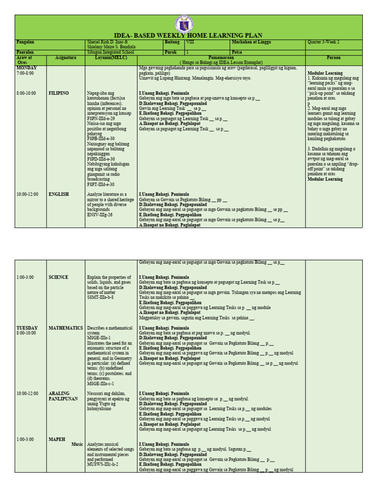 Weekly Home Learning Plan - Q3 - Week2 | PDF