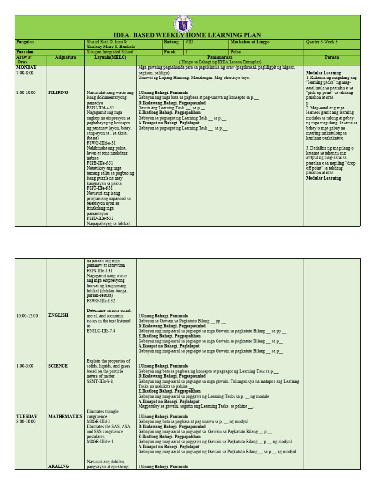 Weekly Home Learning Plan - Q3 - Week3 | PDF