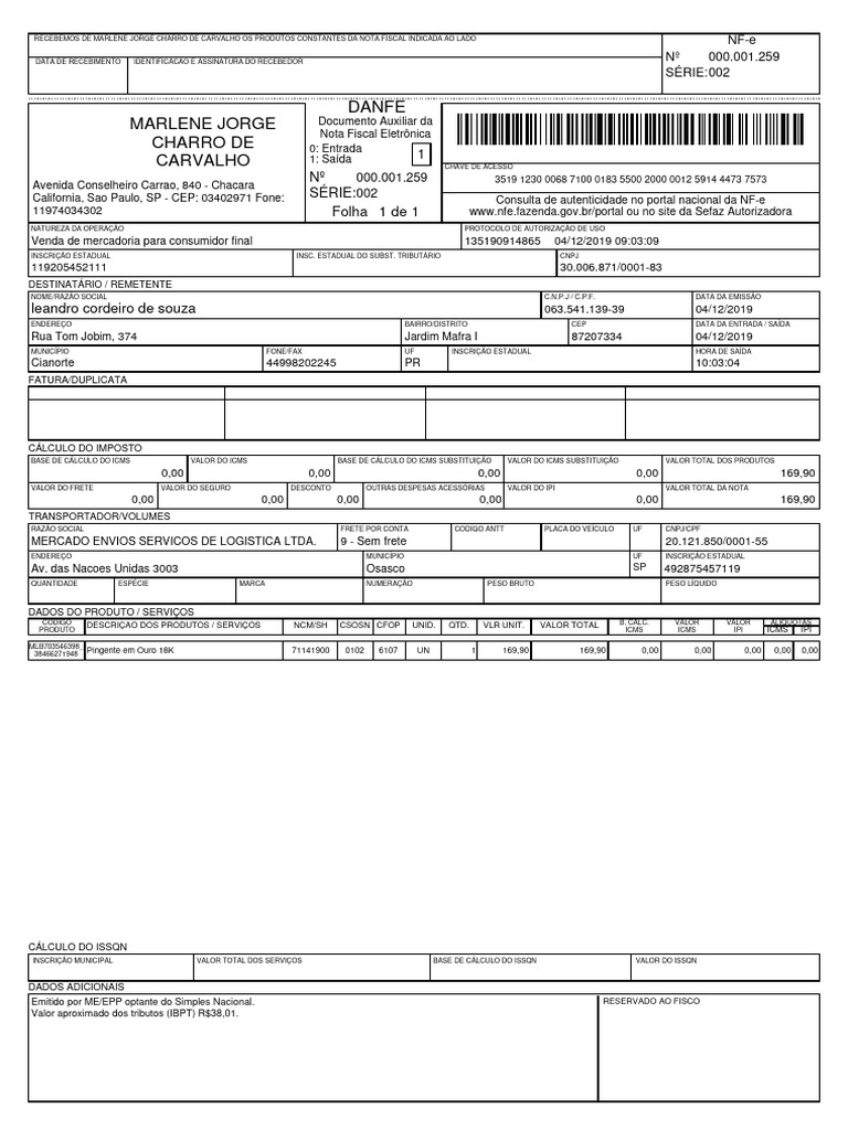 Danfe | PDF | Recibo | Documento