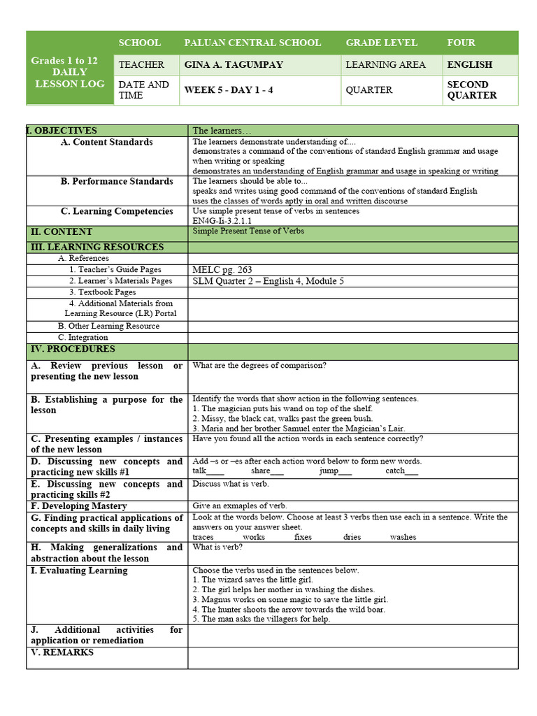 Lesson Plan.w5 | PDF | English Language | English Grammar