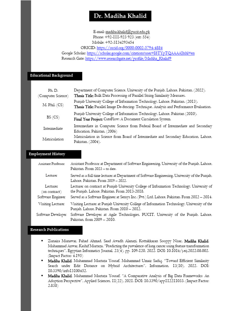 CV Dr. Madiha Khalid | PDF | Information Technology | Computer Science