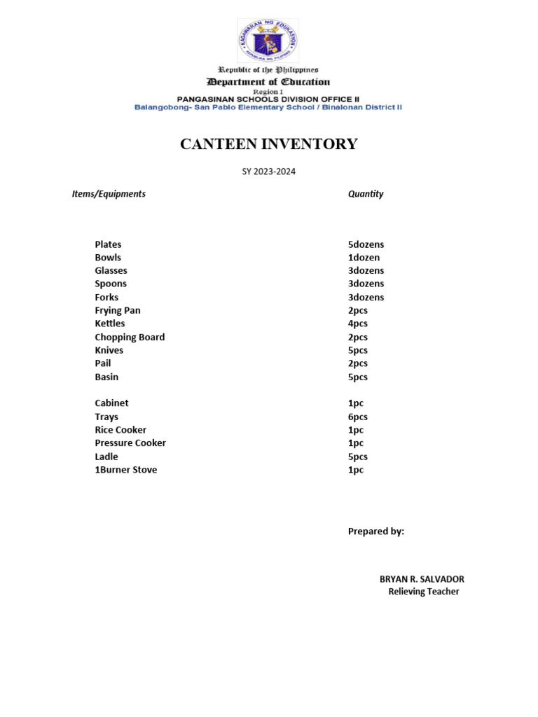 Canteen Inventory List SY 2023-2024 | PDF