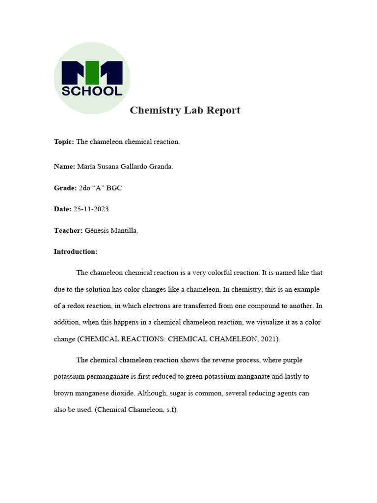 Lab Report 2 Chameleon Reaction | PDF | Atoms | Chemical Substances