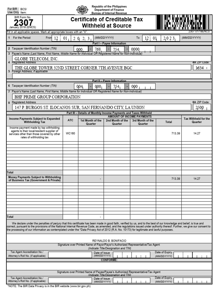Certificate of Creditable Tax Withheld | PDF | Value Added Tax ...