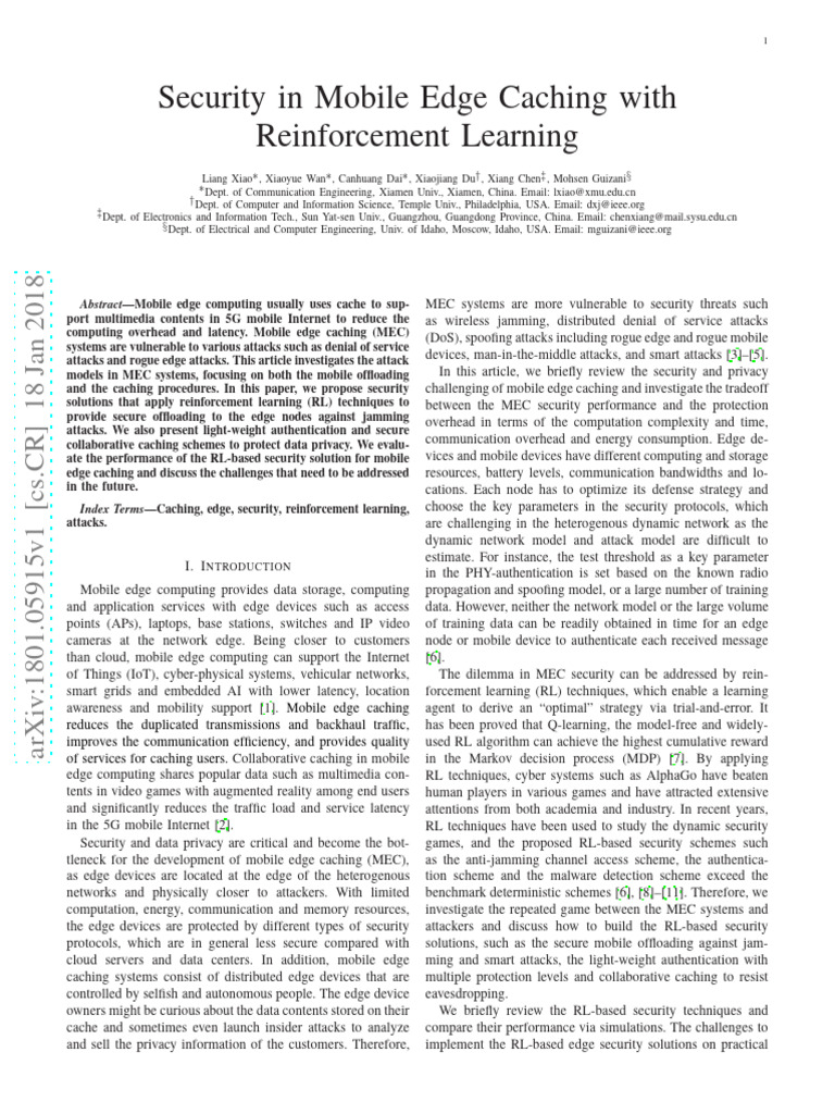 Security In Mobile Edge Caching With Reinforcement Learning Pdf
