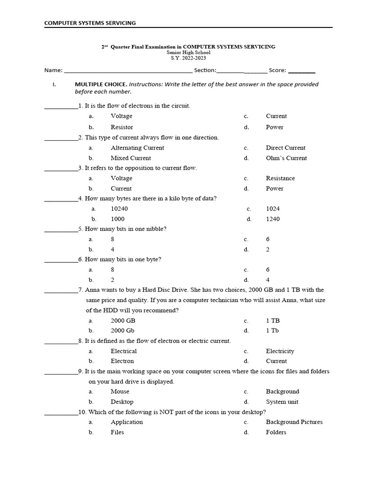 CSS EXAM 2nd QUARTER 1 2022-2023 | PDF | Byte | Bit