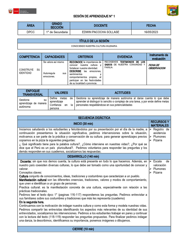Sesion de Aprendizaje - DPCC 1° - #1 | PDF | Aprendizaje | Las emociones