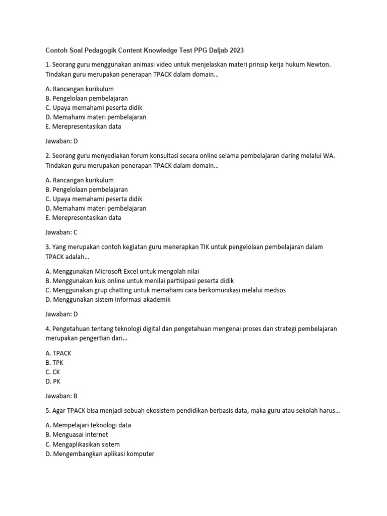 Contoh Soal Pedagogik Content Knowledge Test PPG Daljab 2023 | PDF