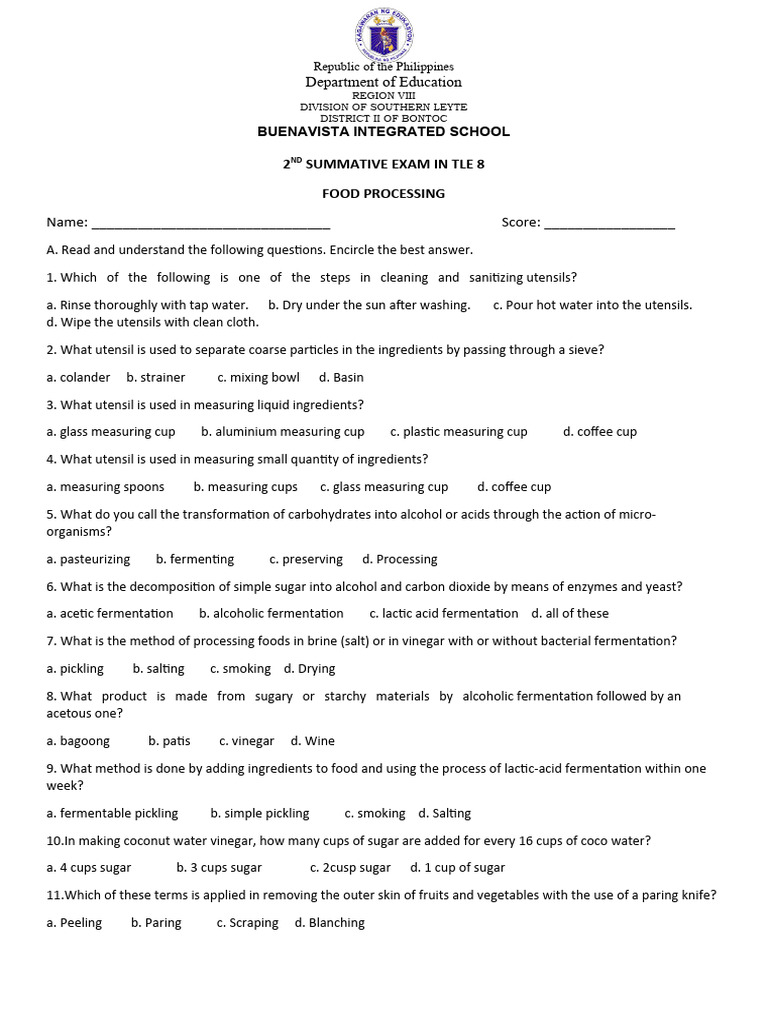 TLE 8 Food Processing Exam 2nd Quarter | PDF | Fermentation | Pickling