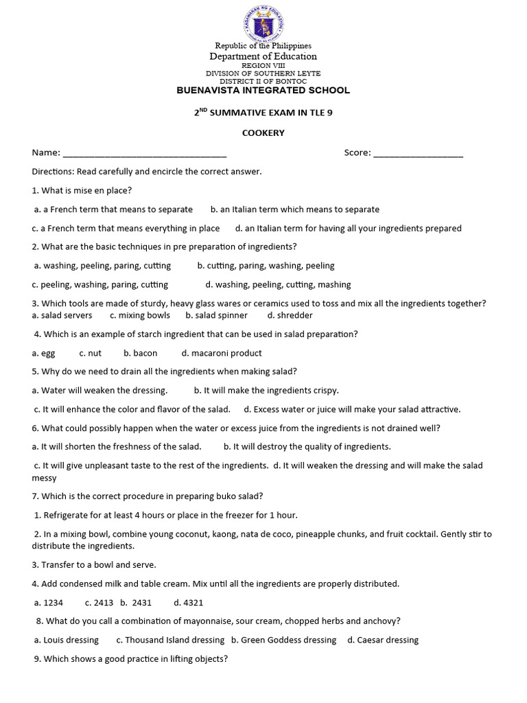Tle 9 - Cookery 2ND Quarter Examination | PDF | Salad | Mayonnaise