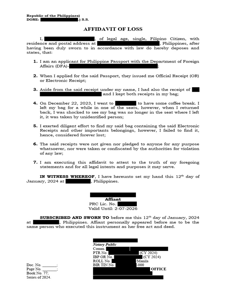 Affidavit of Loss-Receipts of Passport | PDF | Affidavit | Government