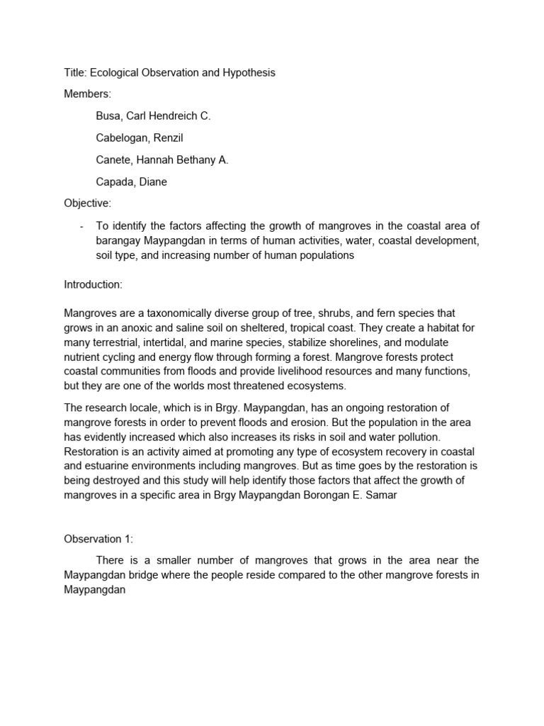 Ecology Mangrove Area Observation and Hypothesis | PDF | Mangrove | Forests