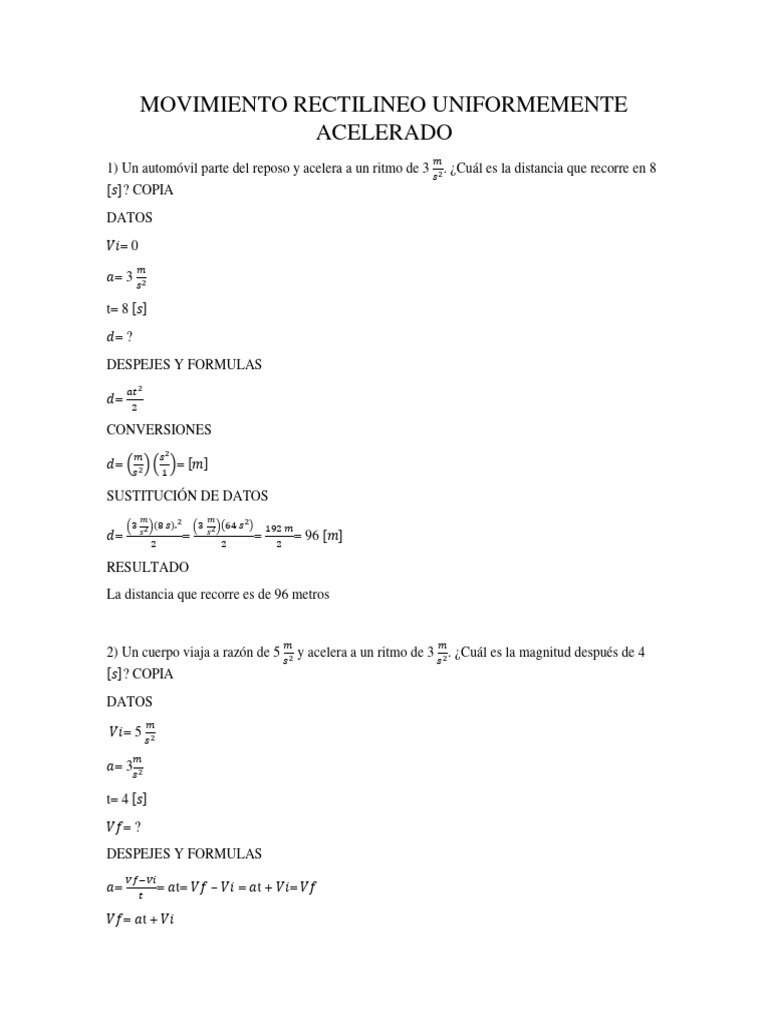 Movimiento Rectilineo Uniformemente Acelerado. Problemas | PDF | Velocidad | Aceleración