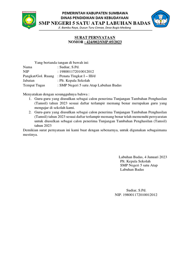 Surat Pernyataan Tamsil 2023 | PDF