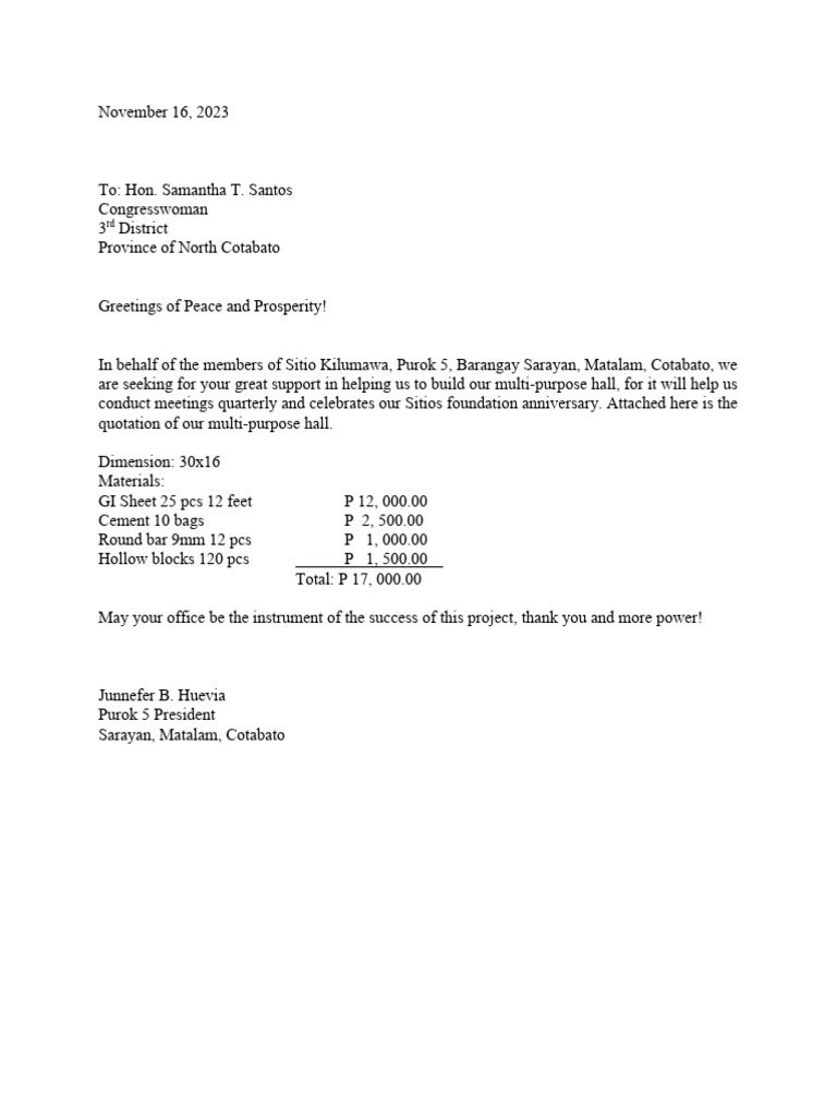Purok 5 Request Letter For Multi Purpose Hall | PDF