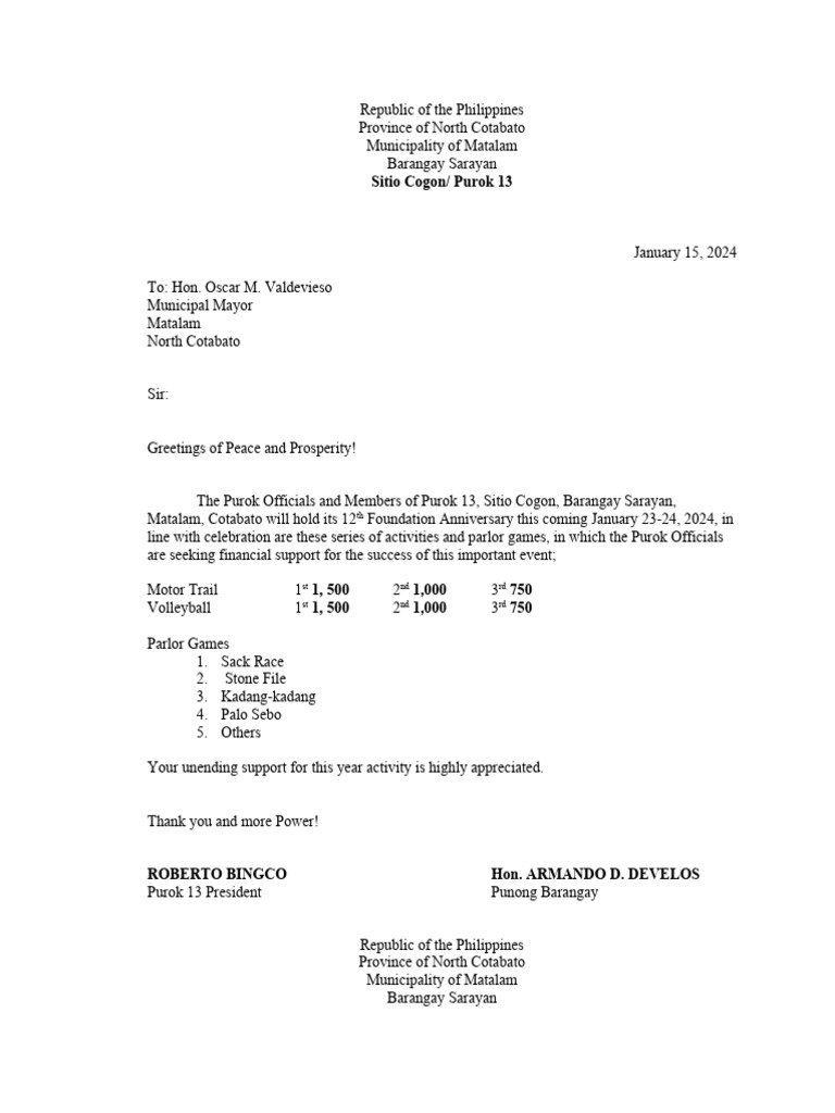 Purok 13 Solicitation Letter 2024 | PDF | Philippines