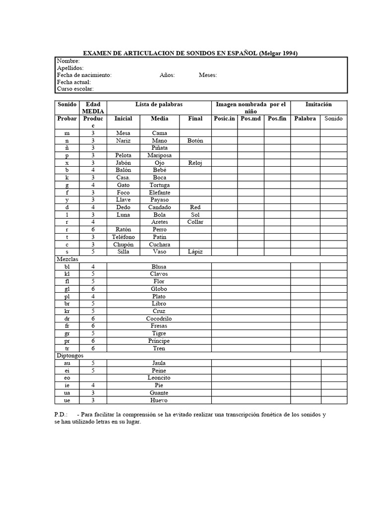 Examen de Articulacion de Sonidos en Español, Melgar Corregida | PDF
