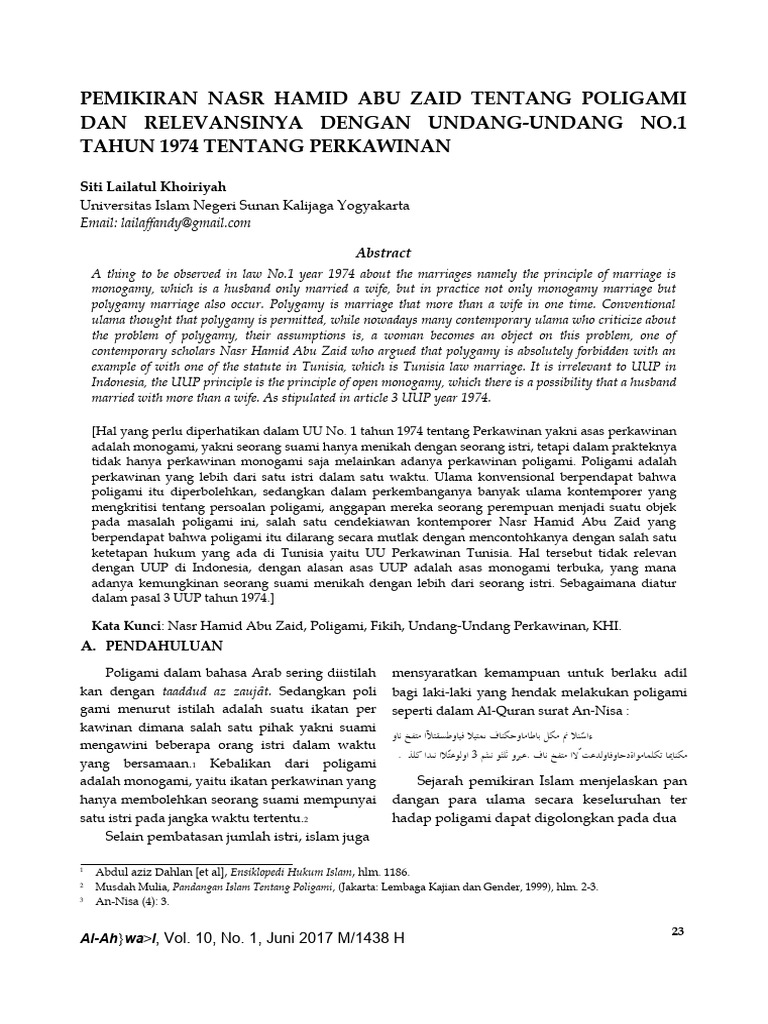 Pemikiran Nasr Hamid Abu Zaid Tentang Poligami Dan | PDF