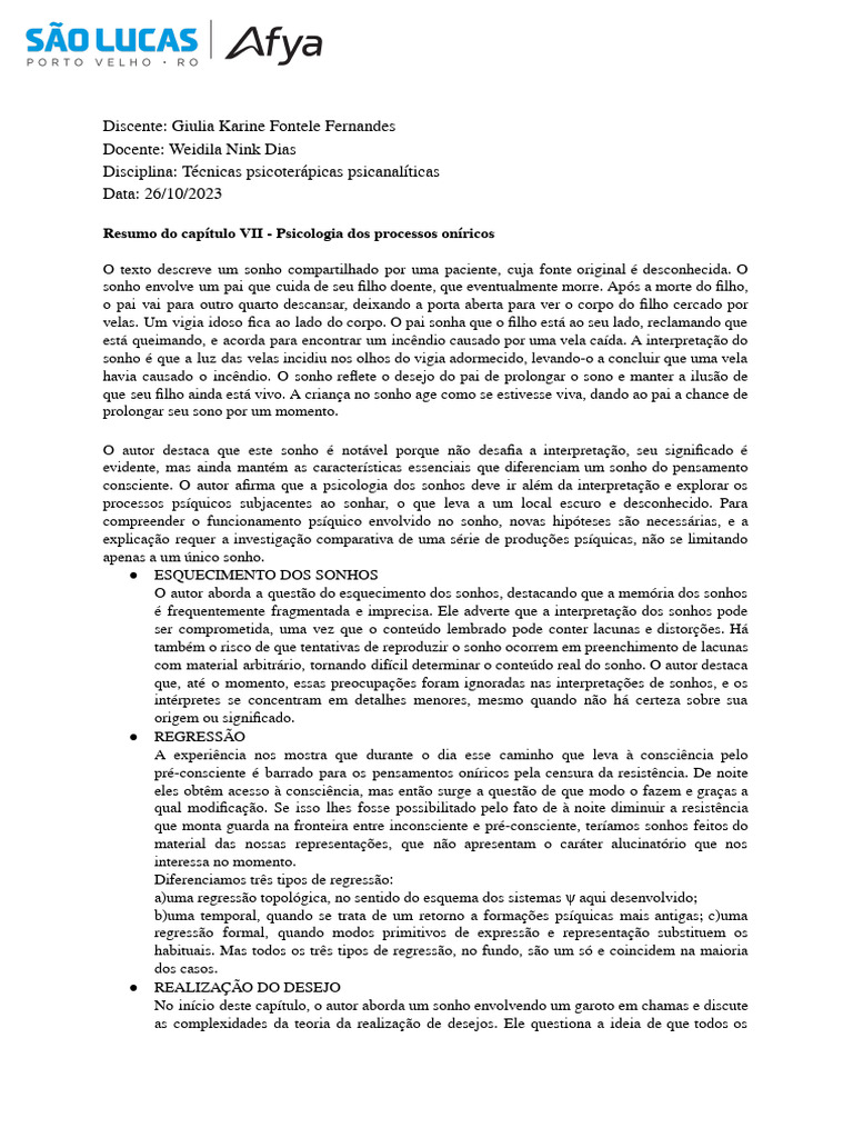 Resumo Do Capítulo VII - Psicologia Dos Processos Oníricos | PDF | Sigmund Freud | Mente ...