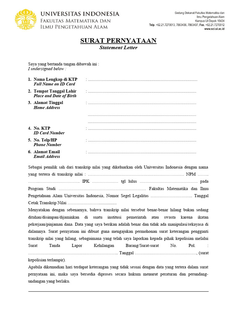 Formulir Pernyataan Kehilangan Transkrip Statement Letter For The Lost Transcript Pdf
