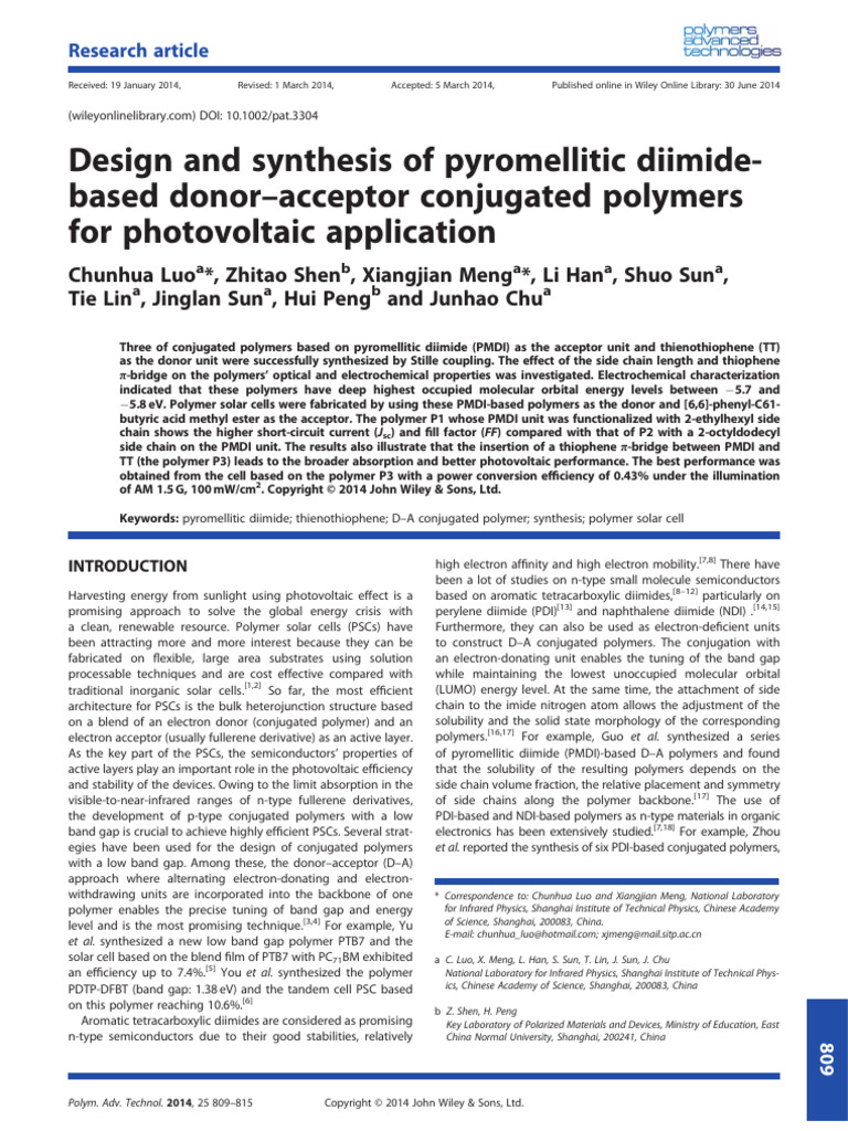 Polymers For Advanced Techs - 2014 - Luo - Design and Synthesis of ...