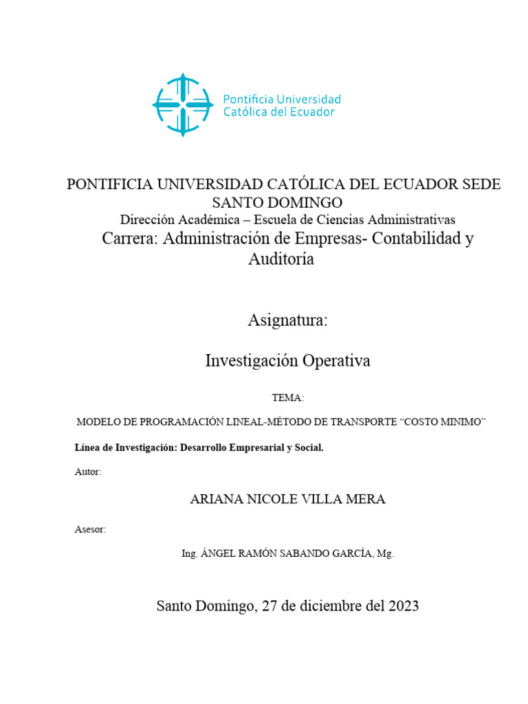 Taller de Modelo de Programación Lineal-Metodo de Transportes Costo ...