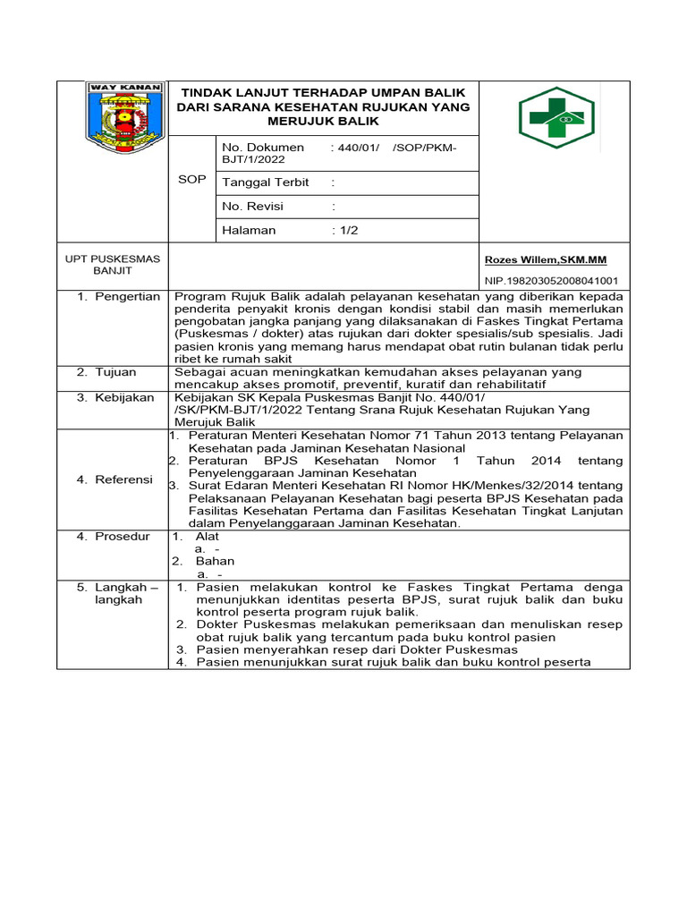 3721 SOP-Rujuk-Balik | PDF