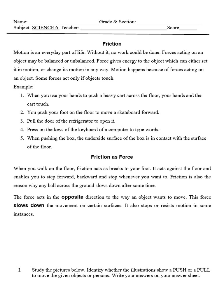 Science6 3rd Quarter Activiity Worksheet | PDF | Friction | Force