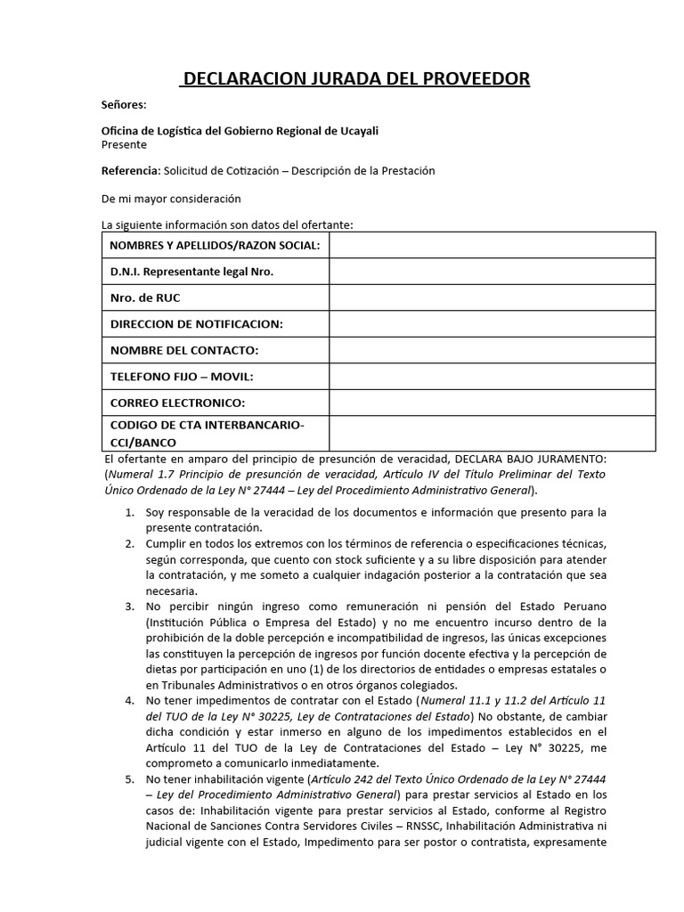 DECLARACION JURADA PROVEEDOR (1) | PDF | Corrupción política
