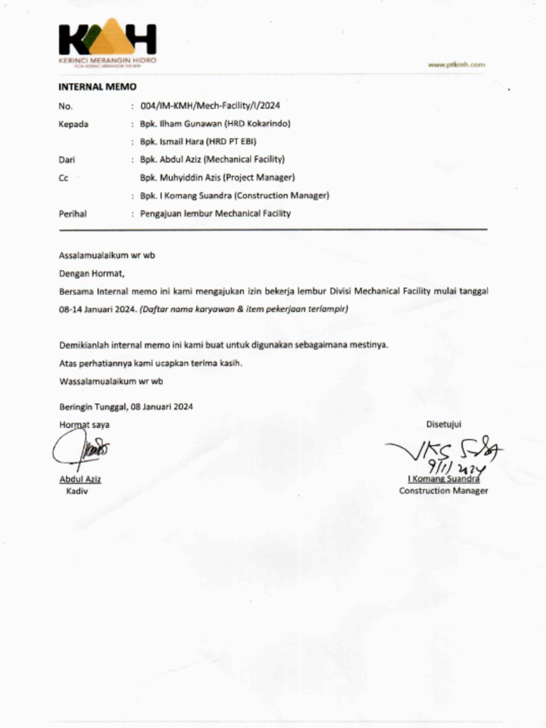 IM 004 Mechanical - Pengajuan Lembur Tanggal 08-14 Januari 2024. | PDF
