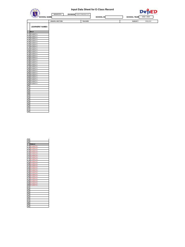 E Class Record Sample | PDF | Learning