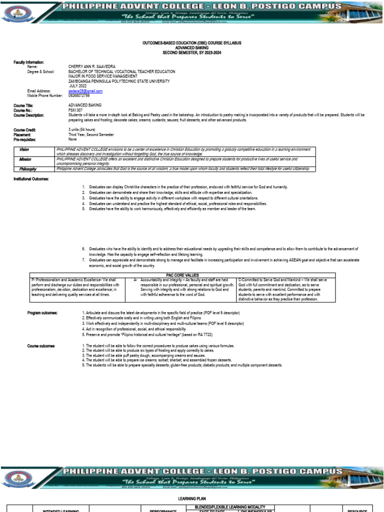 Syllabus Advanced Baking Pdf Custard Foods