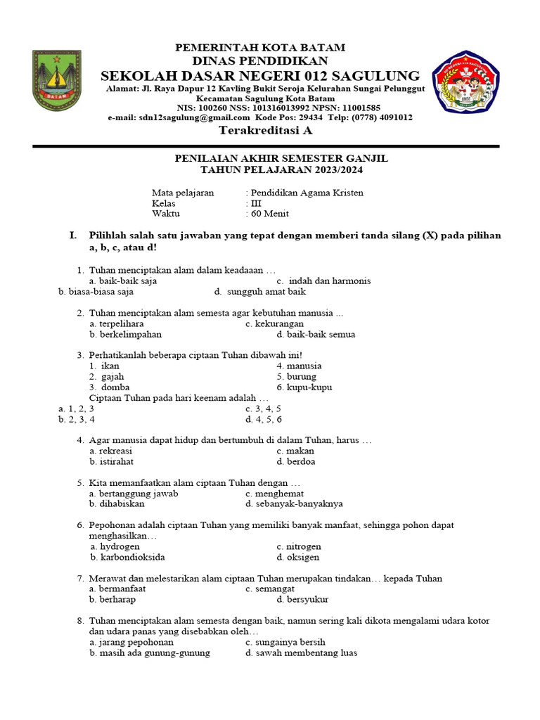 SOAL PAK PAS KLS III Dan IV 2023-2024 | PDF