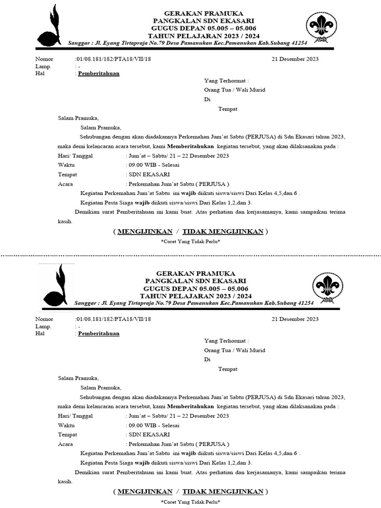 Contoh Surat Pemberitahuan Kegiatan Pramuka | PDF