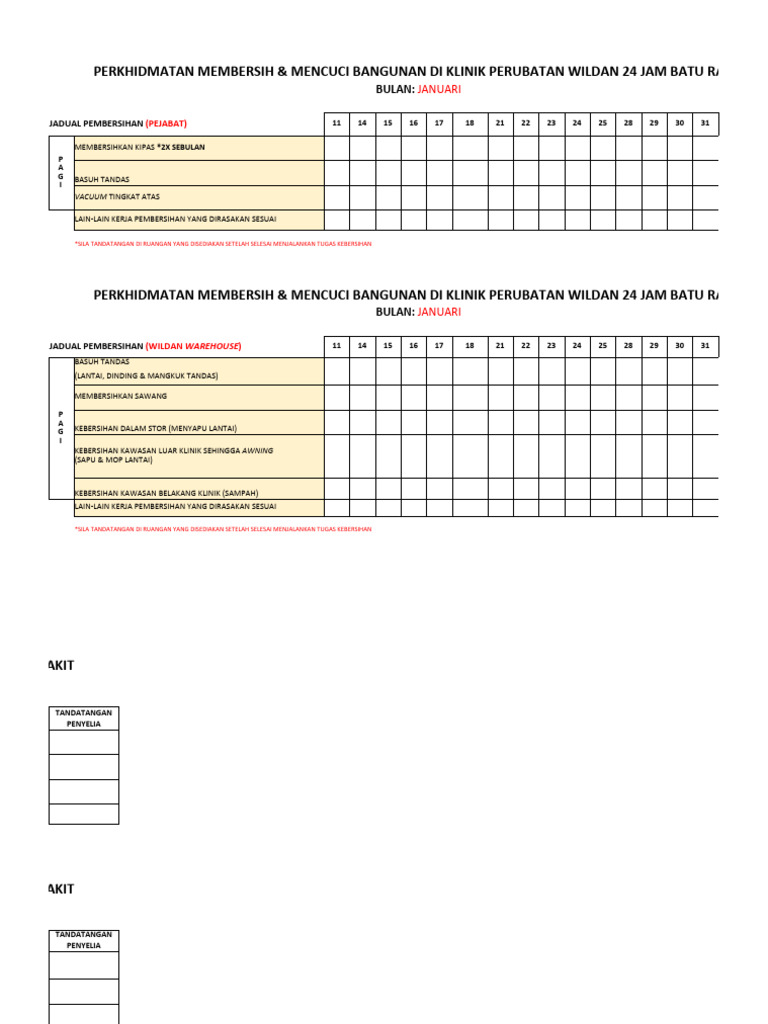 Template Jadual Tugasan Pekerja Pembersihan | PDF