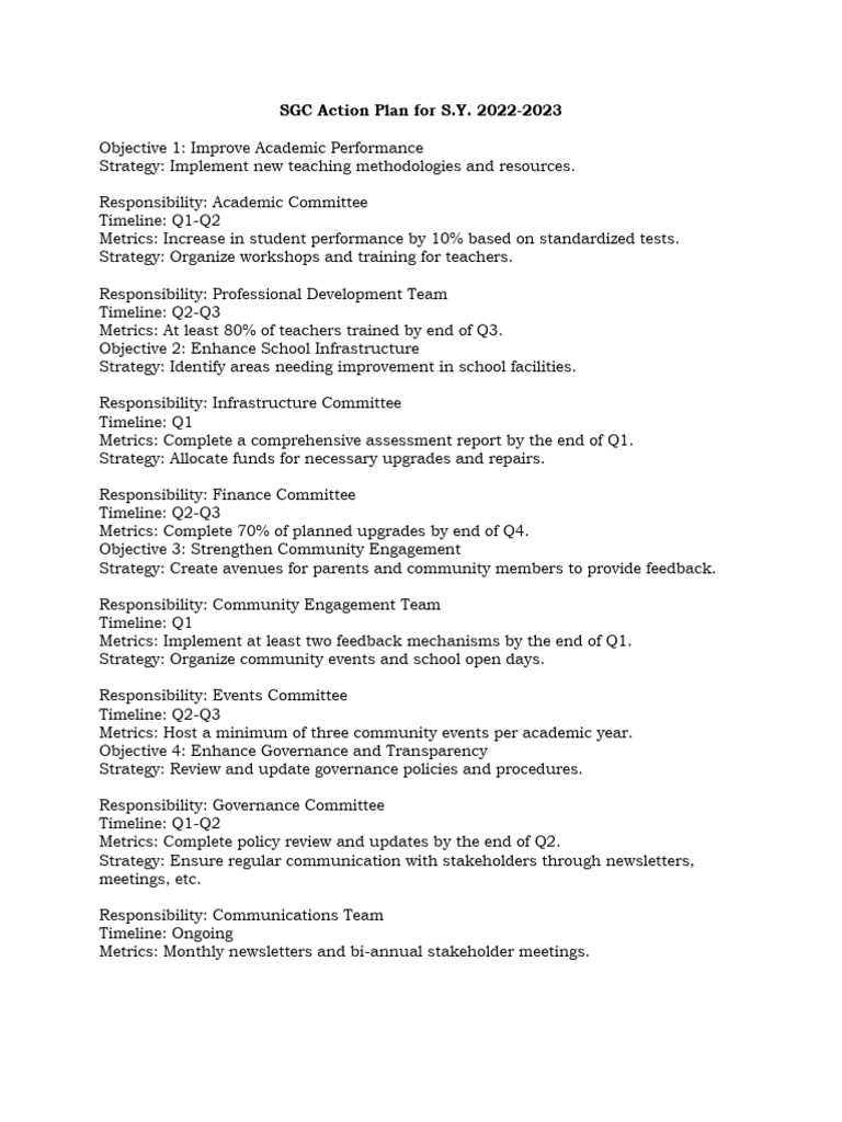 SGC Action Plan For School Year 2023-2024 | PDF
