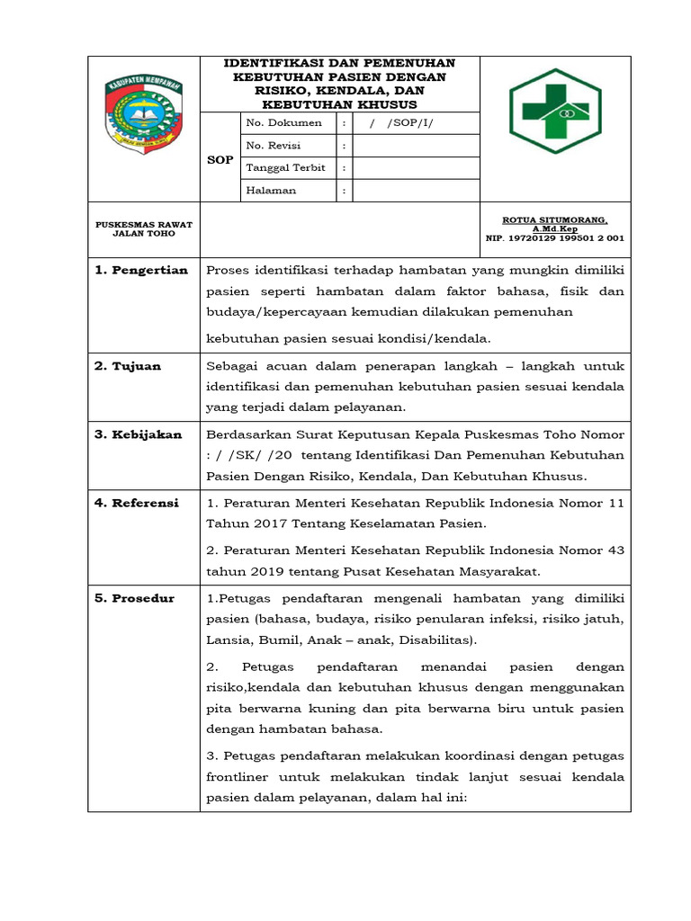 3.1.1a Sop Identifikasi Dan Pemenuhan Kebutuhan Pasien Dengan Risiko, Kendala, Dan Keb | PDF ...