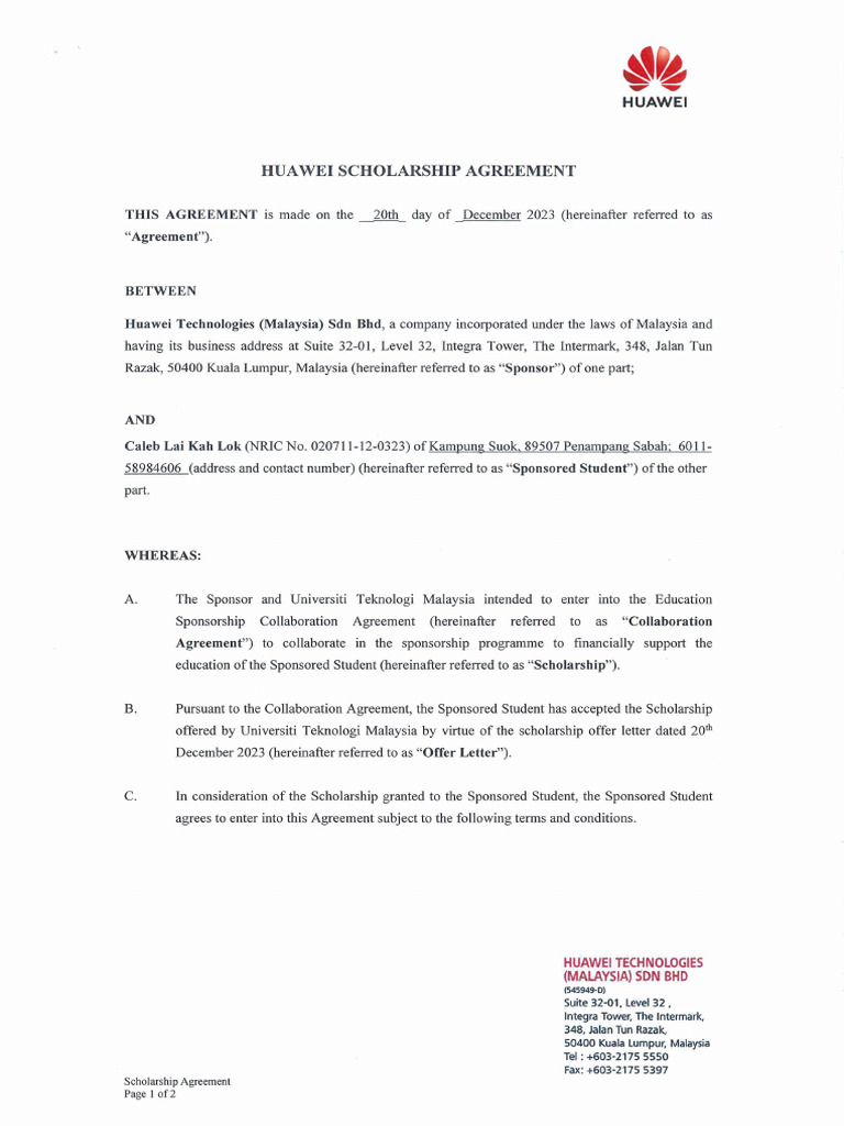 Caleb Lai Kah Lok - Student Bond AgreementSign | PDF