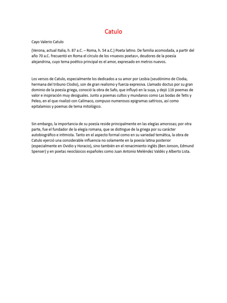 Biografía y obras de Catulo | PDF