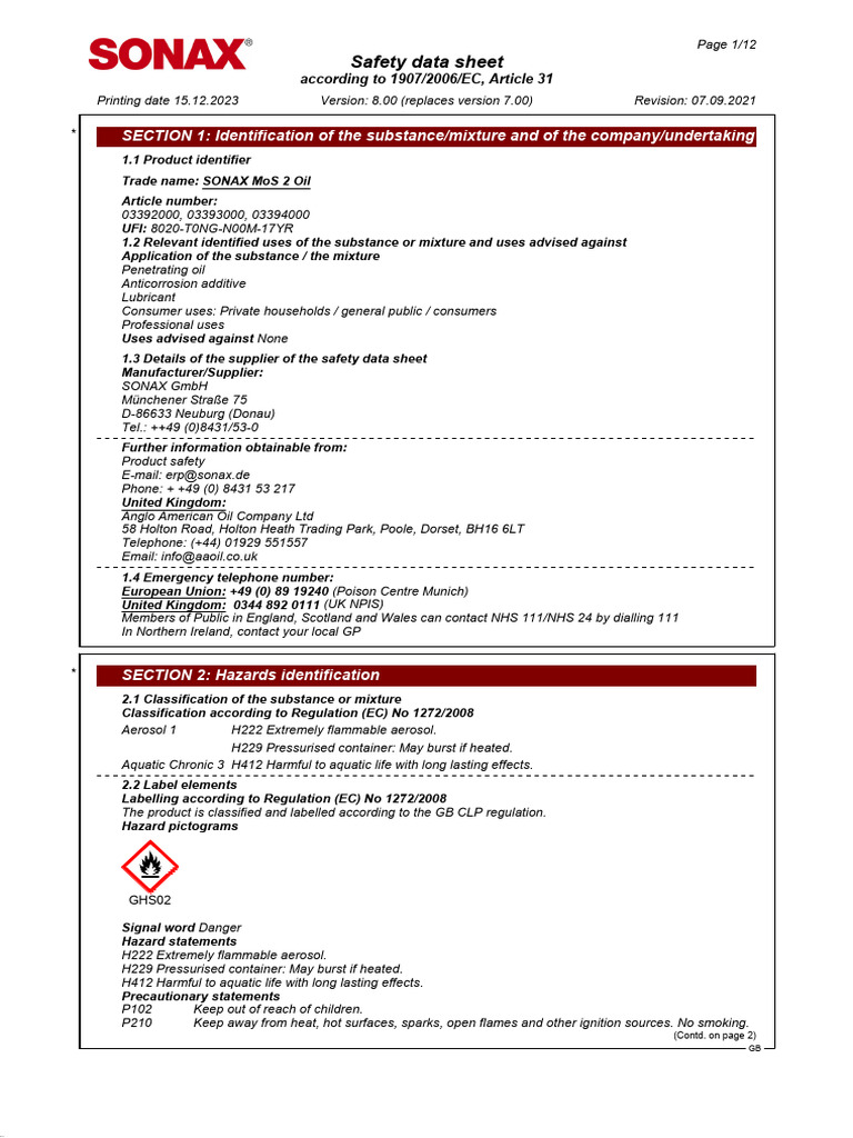 SONAX MoS 2 Oil Safety Data Sheet | PDF | Dangerous Goods | Physical ...