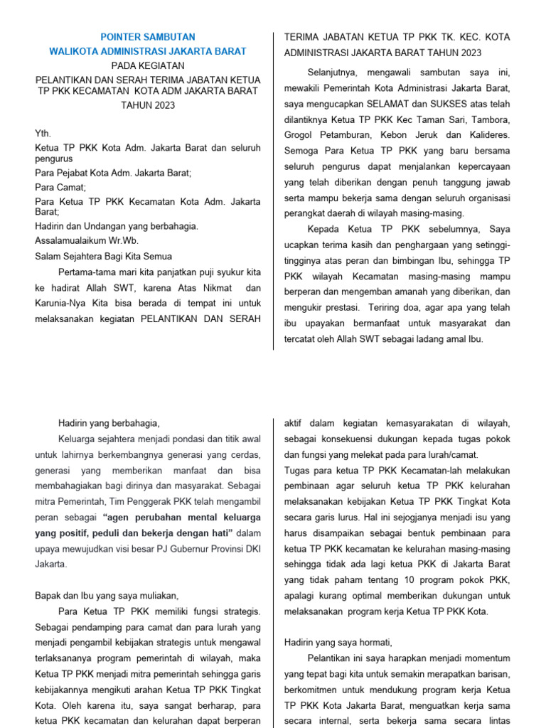 Pelantikan Ketua TP PKK Jakbar | PDF