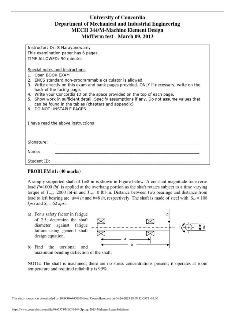 MECH 344 Spring 2013 Midterm Exam Solutions | PDF