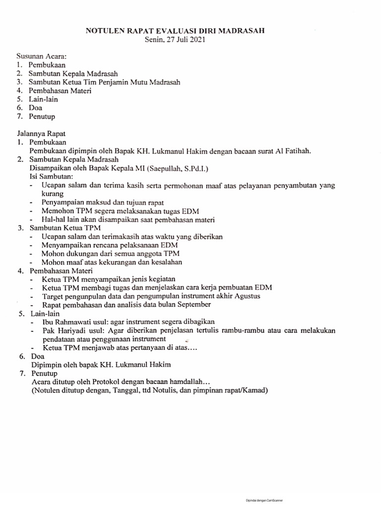 Notulen Rapat Evaluasi Diri Madrasah | PDF