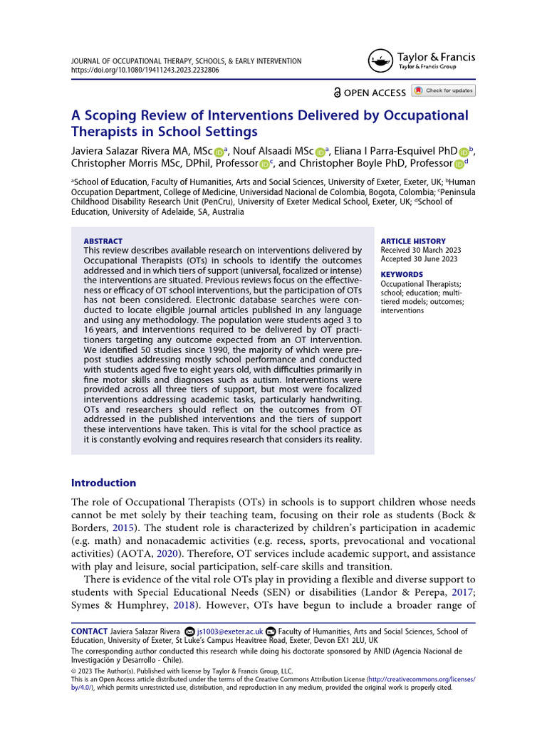 A Scoping Review of Interventions Delivered by Occupational Therapists ...