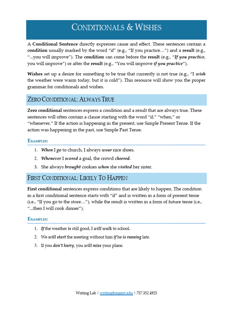 Regent Writing Lab Ell Esl Conditionals Wishes Pdf Verb
