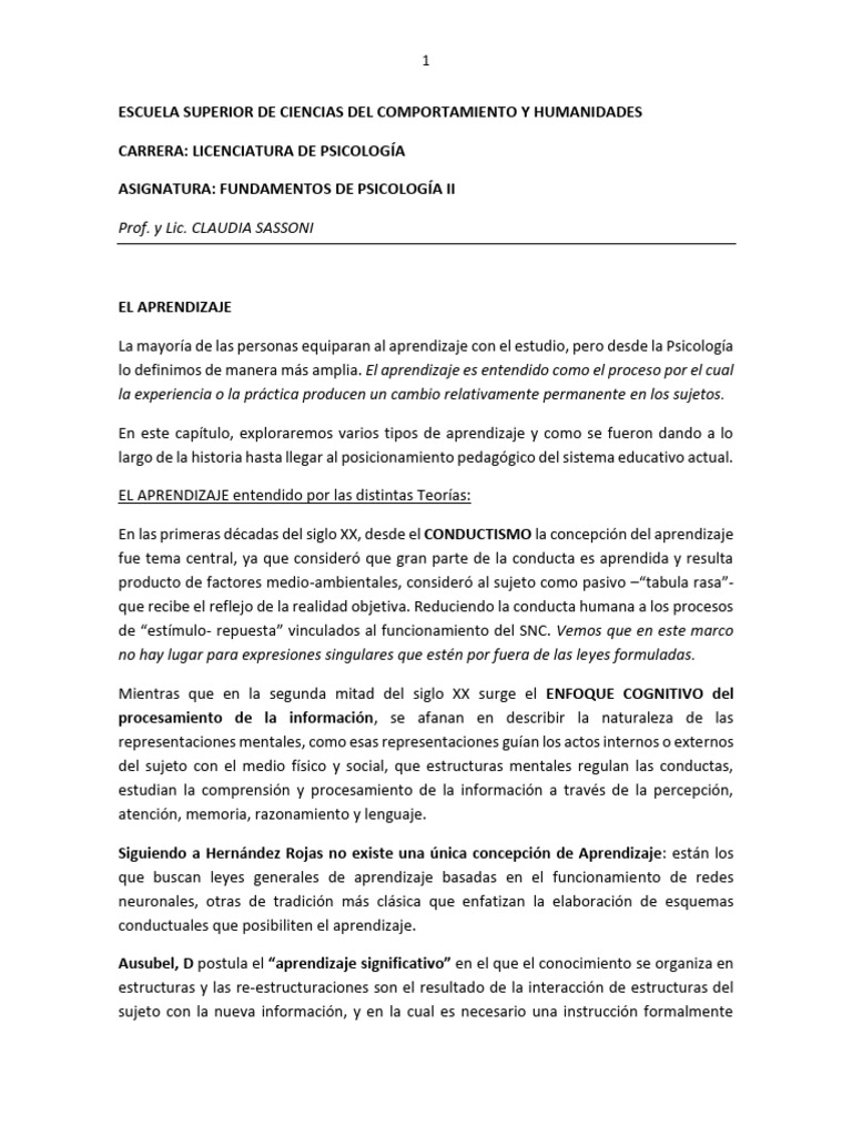 Ficha Aprendizaje Sassoni | PDF | Aprendizaje | Sicología