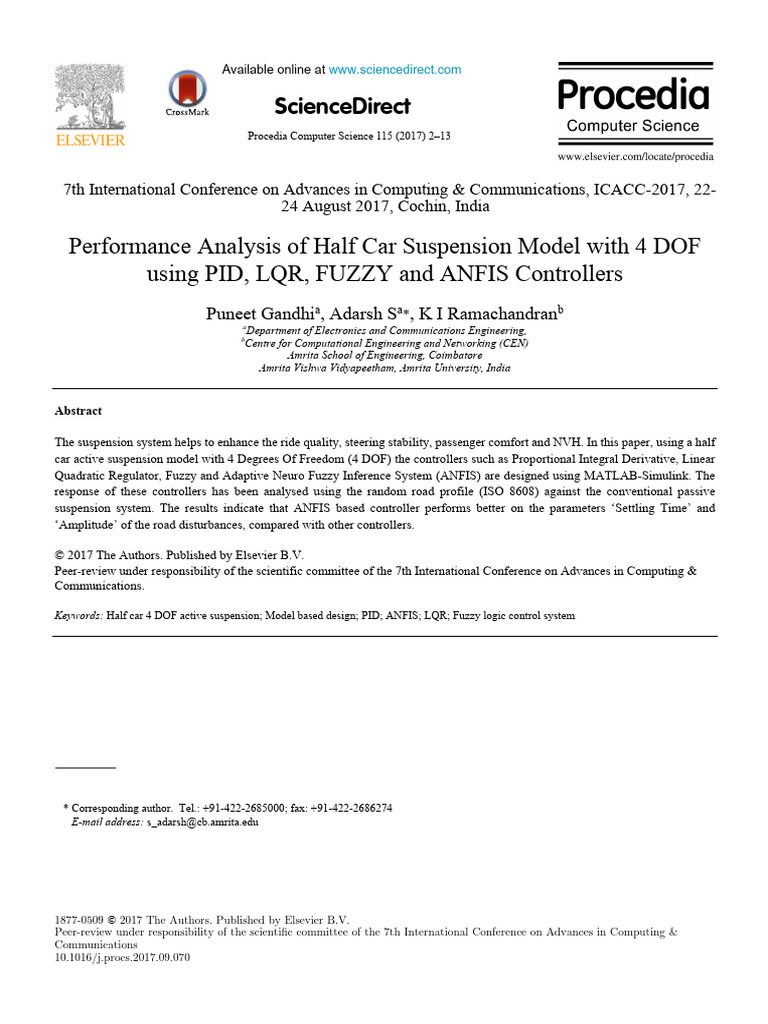 Performance Analysis of Half Car Suspension Model With 4 DOF Using PID, LQR, FUZZY and ANFIS ...
