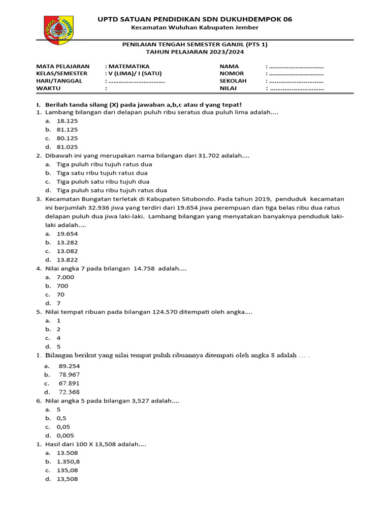SOAL PTS MTK KURMER 50 Soal | PDF