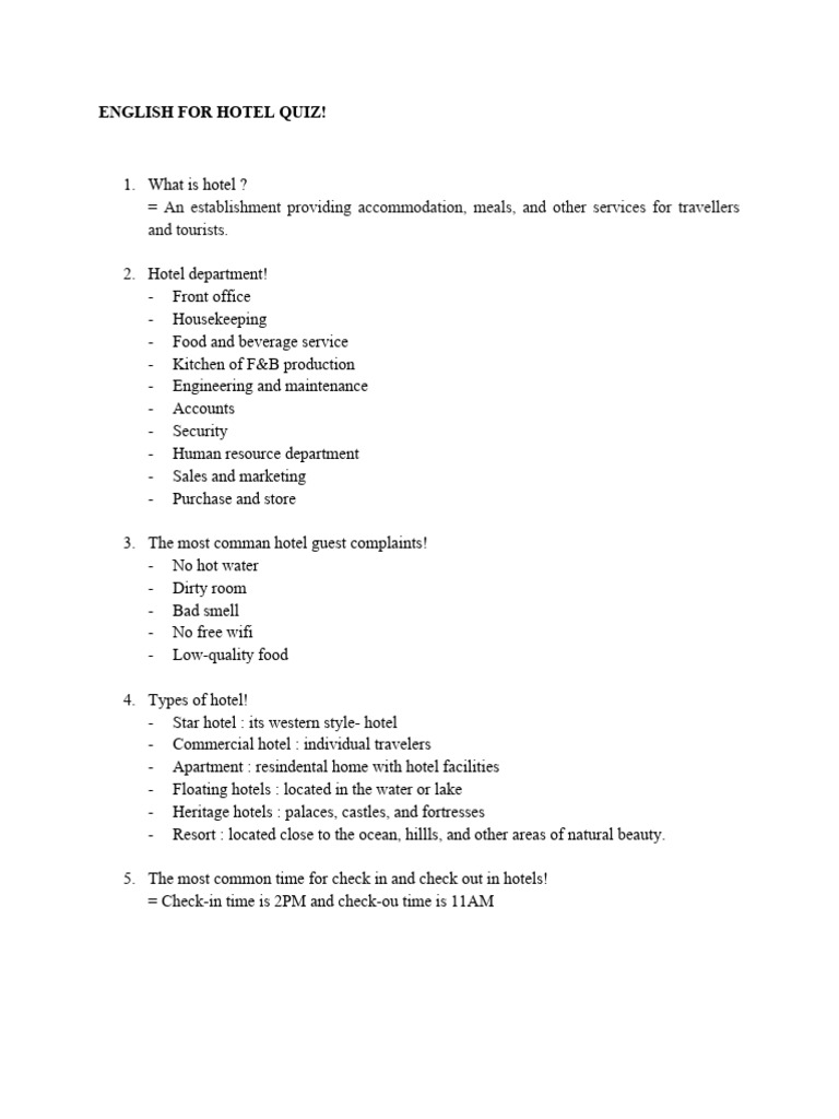ENGLISH FOR HOTEL QUIZ | PDF