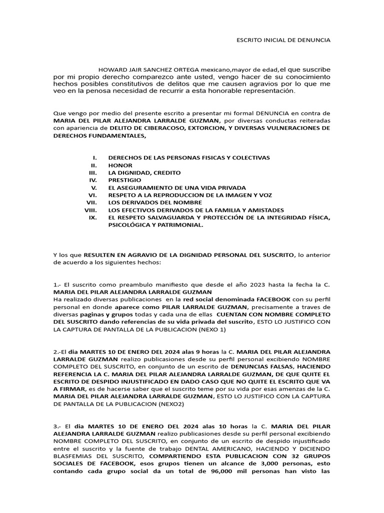 Escrito Inicial de Denuncia | PDF | Justicia | Crimen y violencia